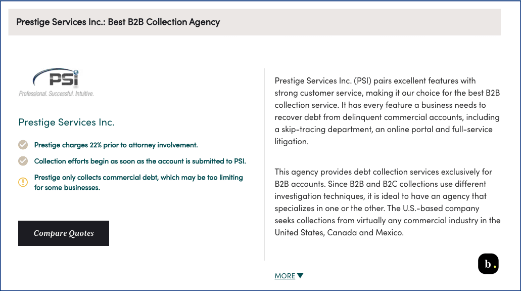 Prestige Services, Inc., Named Best B2B Collection Agency for 2023 : PSI